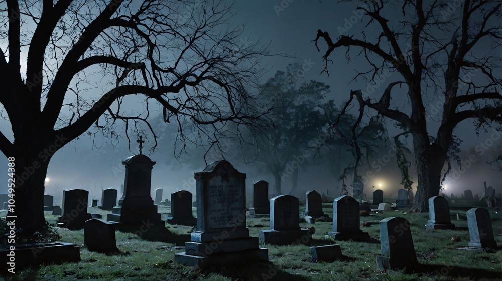 A foggy graveyard scene with weathered tombstones, twisted trees, and ...