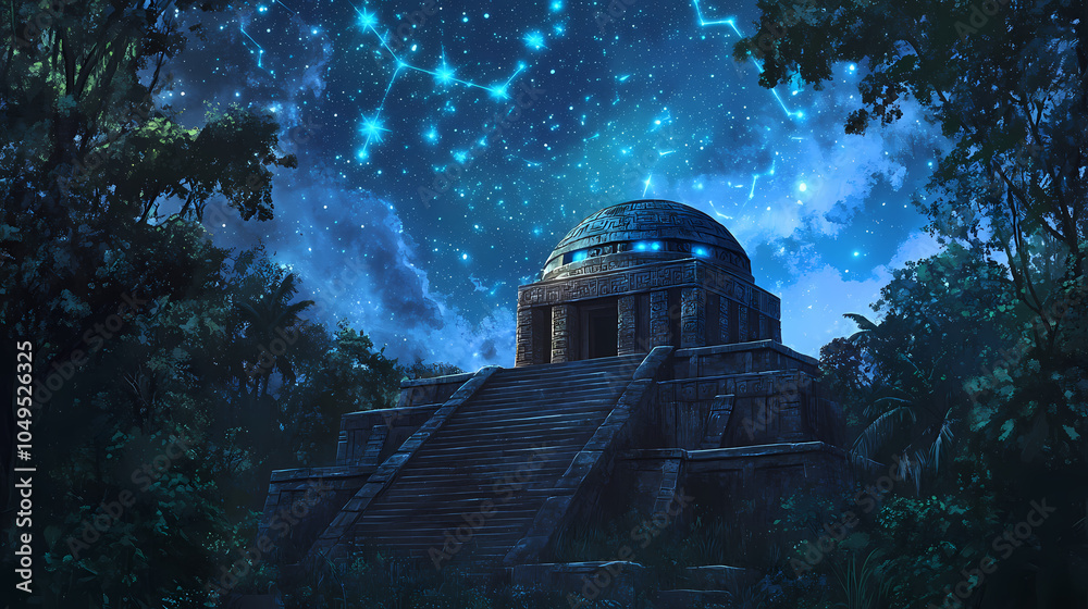 Mayan observatory with bioluminescent stars and holographic ...