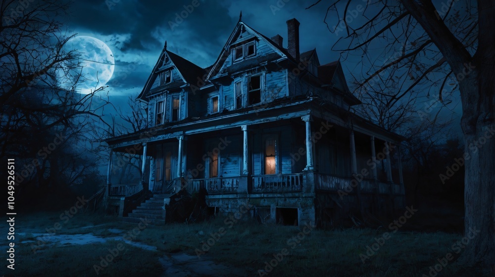 A haunted house exterior with eerie blue lighting, cracked windows, and ...