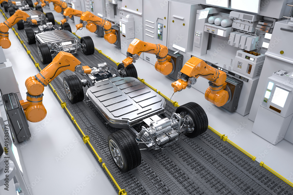 Robot assembly line with ev car battery on undercarriage platform Stock ...