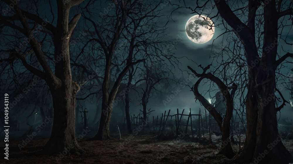 A sinister Halloween night scene with a ghostly figure lurking behind ...