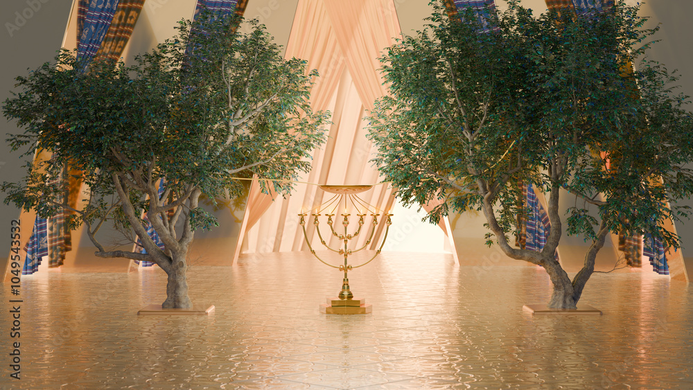 Depiction of Zechariah's vision, golden lampstand or menorah and two ...