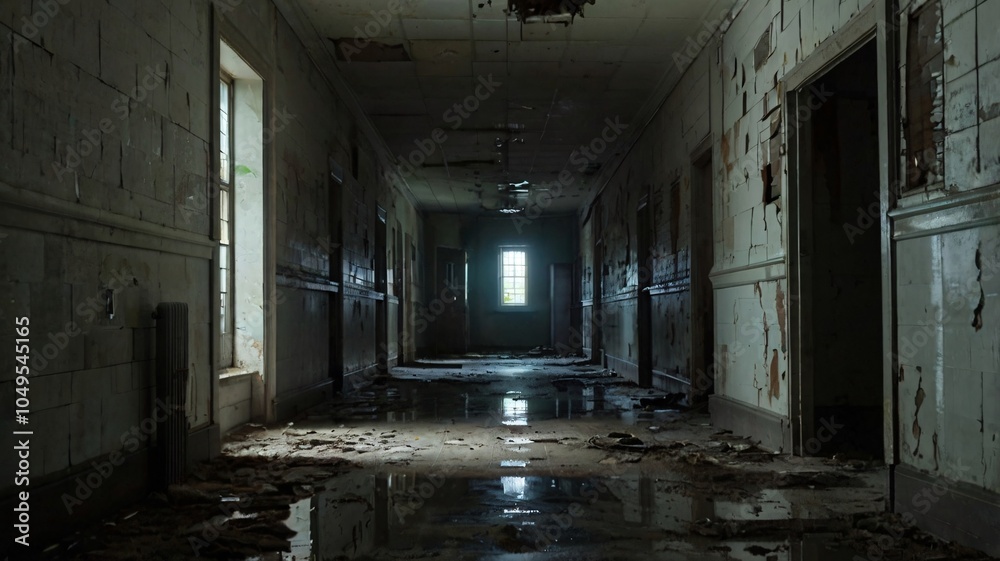 An abandoned asylum hallway with peeling walls, flickering lights, and ghostly figures lurking ...