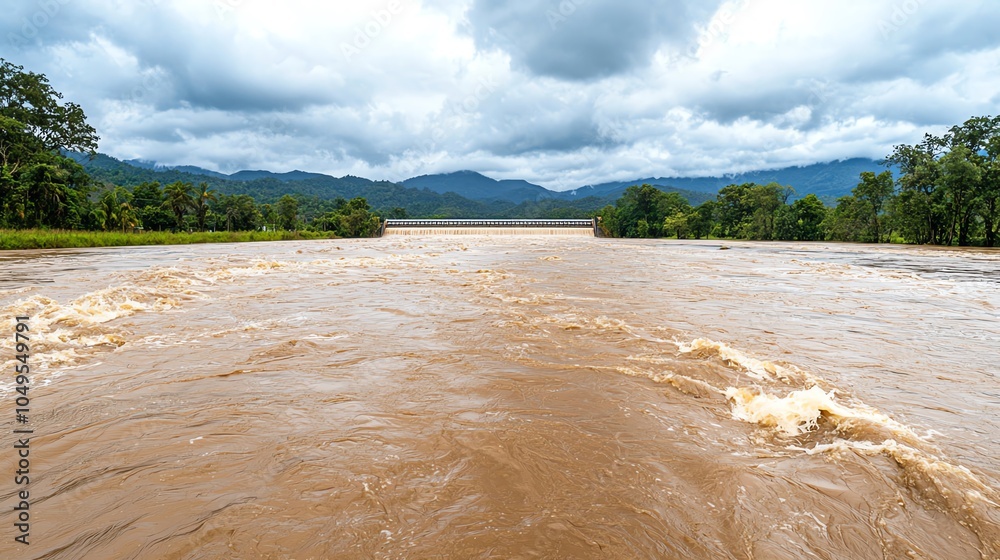 Foto de A river swollen by flash floods crashing against a dam ...