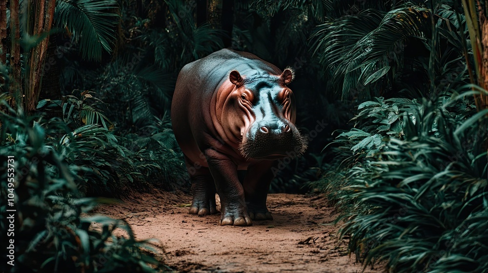 Pygmy hippopotamus standing on a forest path, surrounded by thick ...
