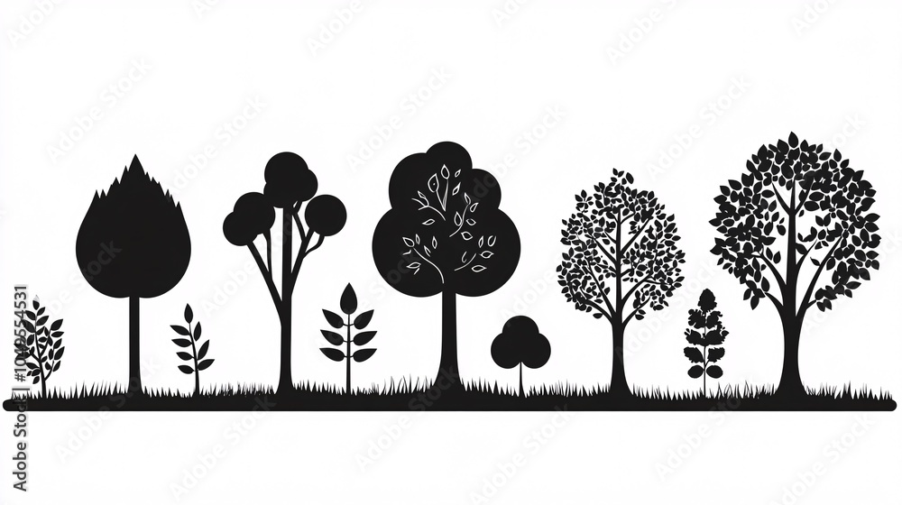 2410_032.monochrome tree growth stages, simple vector icons, nature ...