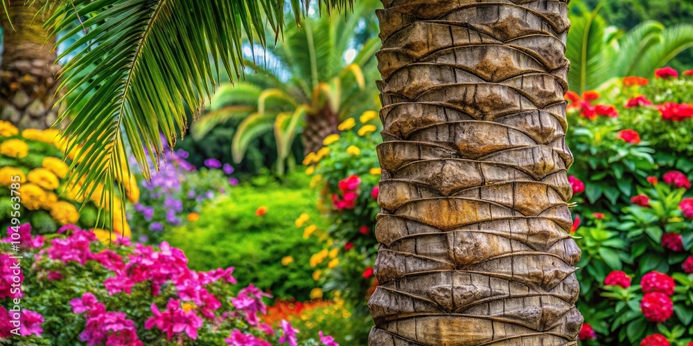 Close-up of a mature palm tree trunk with rugged texture and thick ...
