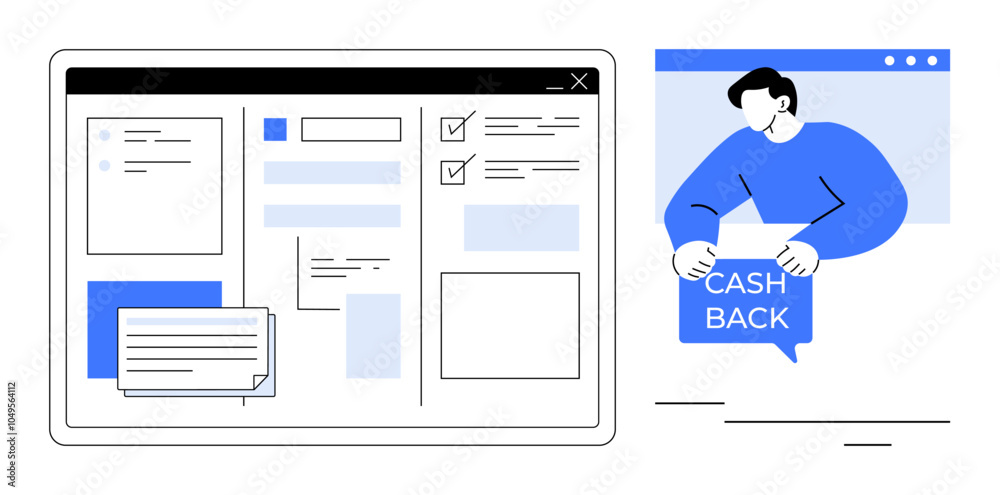 Man holding a cash back sign and an interface with multiple panels and ...