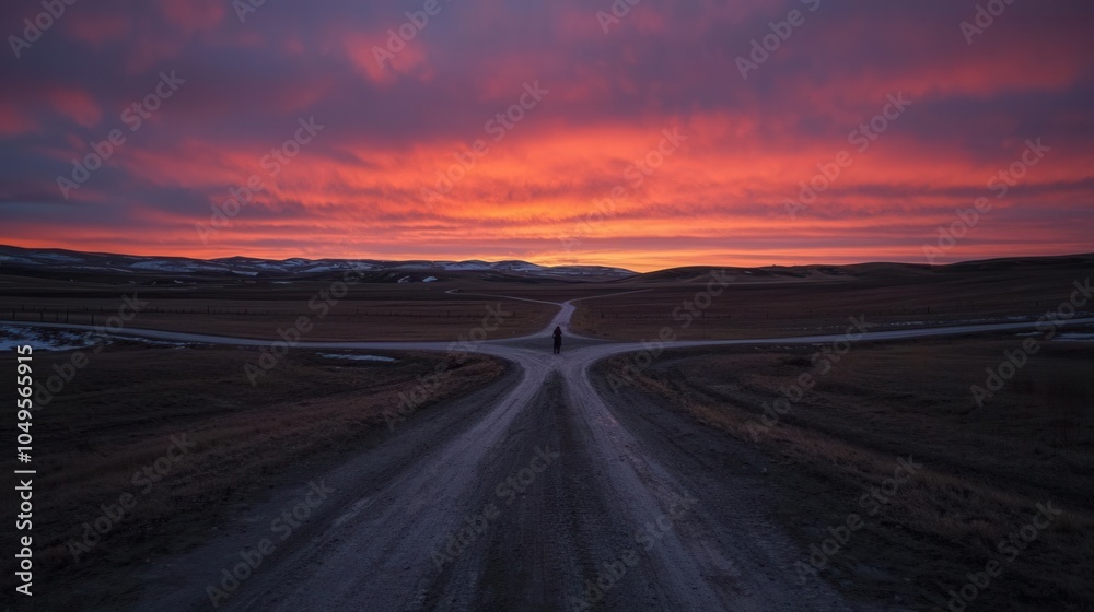 Person choosing between two roads, sunset background, scenic wide-angle ...