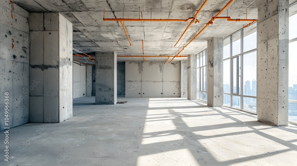 Empty unfinished commercial loft interior with exposed concrete walls ...