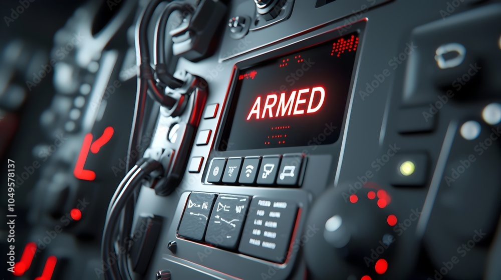 Security alarm keypad with the ARMED warning displayed on the screen ...