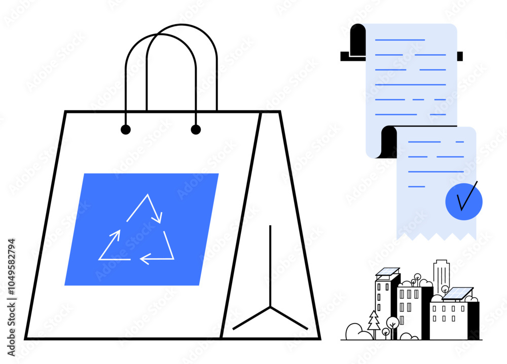 A shopping bag with a recycling symbol, a roll of receipts with a check ...