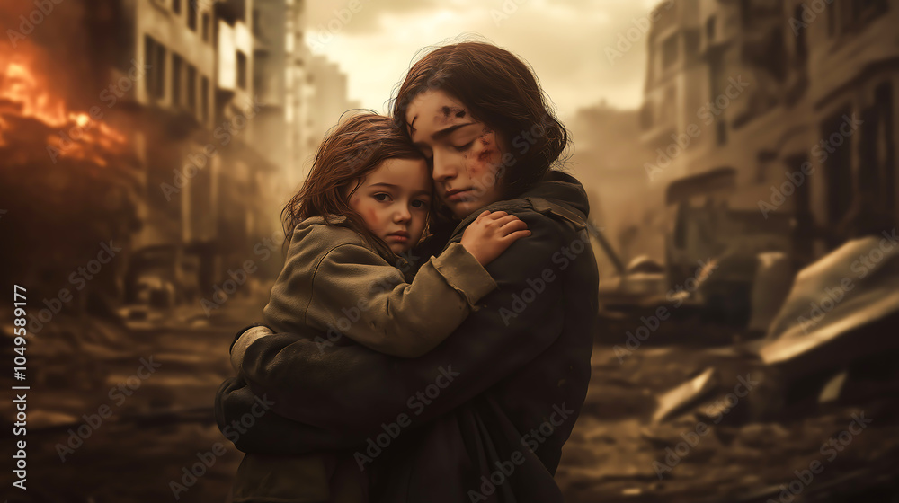 Homeless mother and her daughter embracing each other tightly on a ...