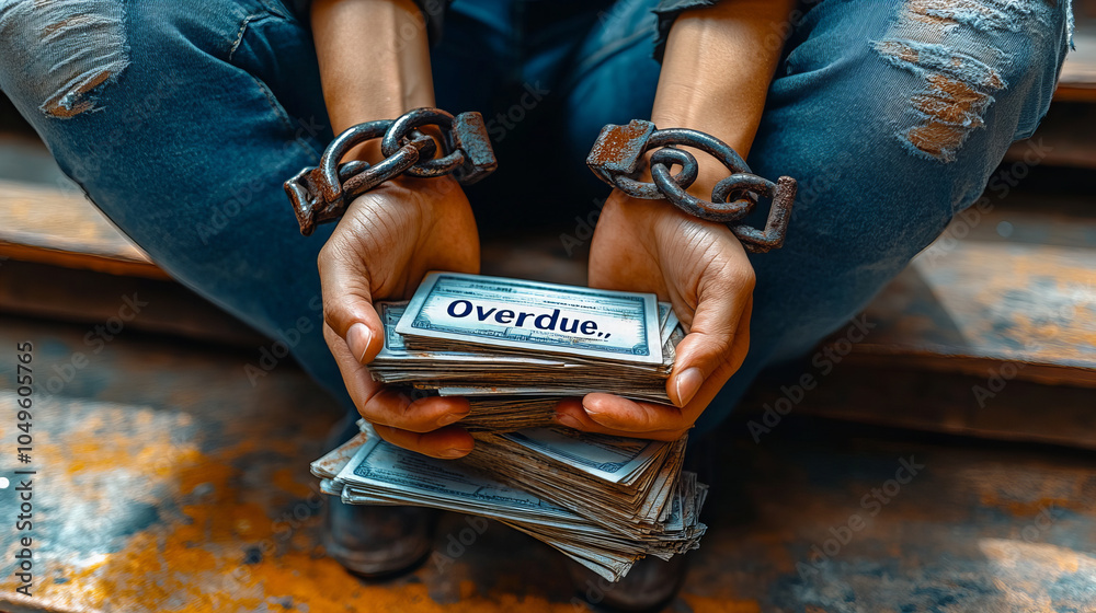Handcuffed hands holding overdue bank statements, expressing distress ...