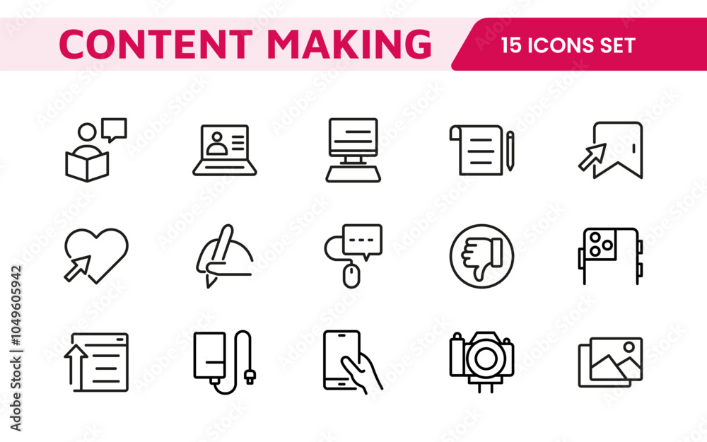 Content Creation Icon Set. Creative and versatile icons for bloggers, vloggers, and digital ...