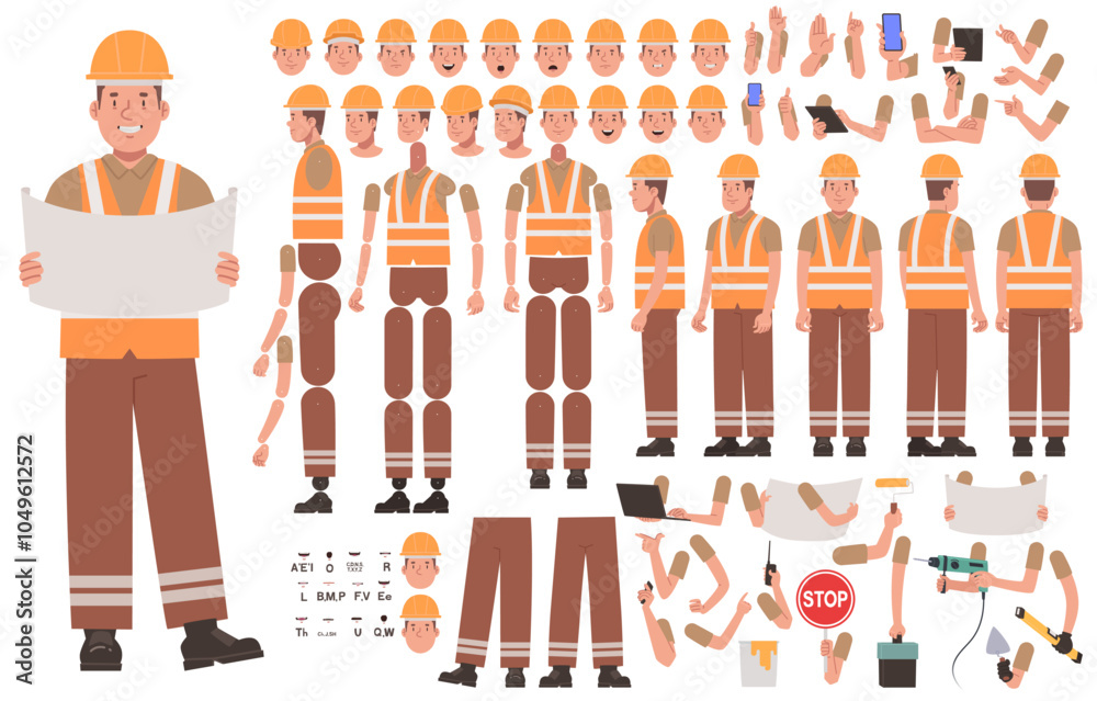 Builder character constructor. Man in uniform and helmet, worker or foreman. Set of arm, leg and ...