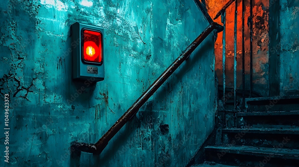Fire alarm strobe light mounted on the grungy dilapidated wall of an ...