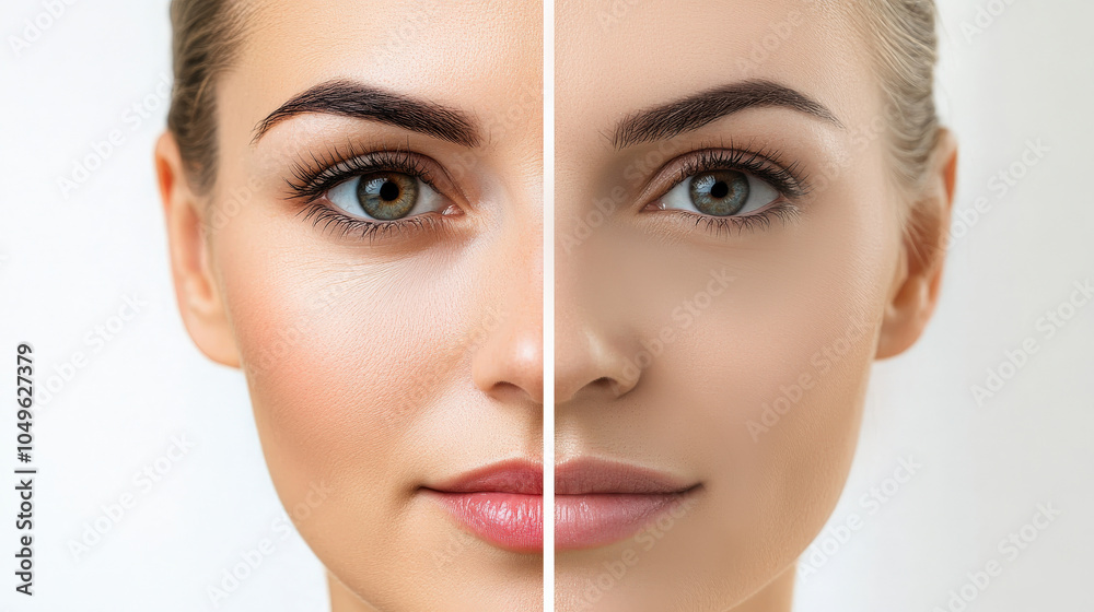 The subject displays her face split into two halves, highlighting the ...