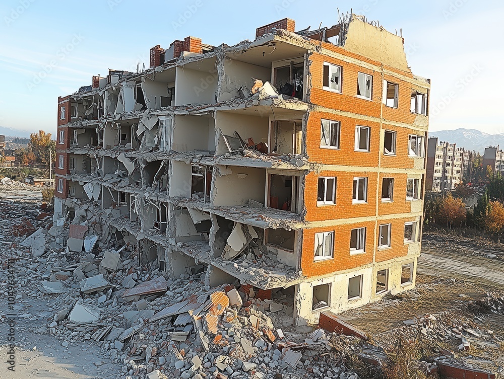 Devastated apartment complex, crumbling walls, shattered windows, signs ...