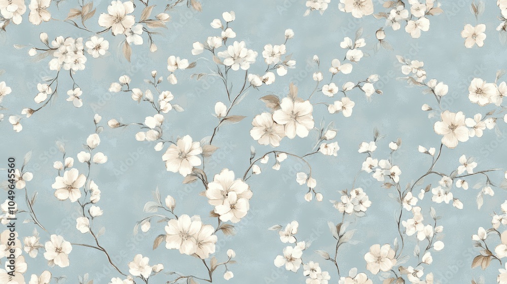 Muted floral wallpaper with small ivory and blush flowers on a pale ...