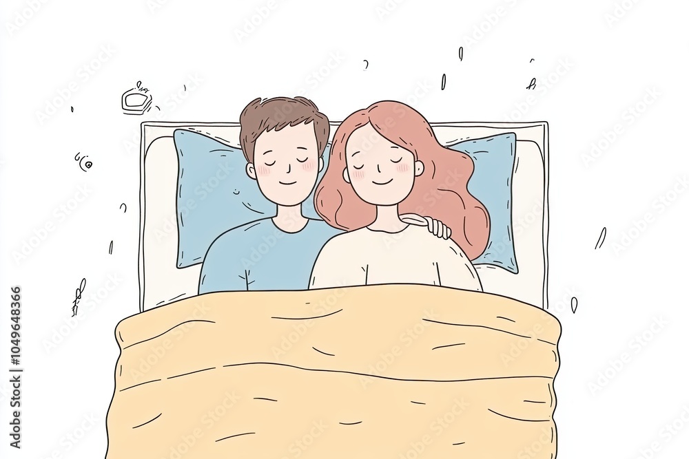 A cozy illustration of a couple cuddling in bed, wrapped in soft ...