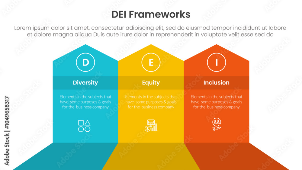 DEI organizational frameworks infographic 3 point with big shape arrow ...
