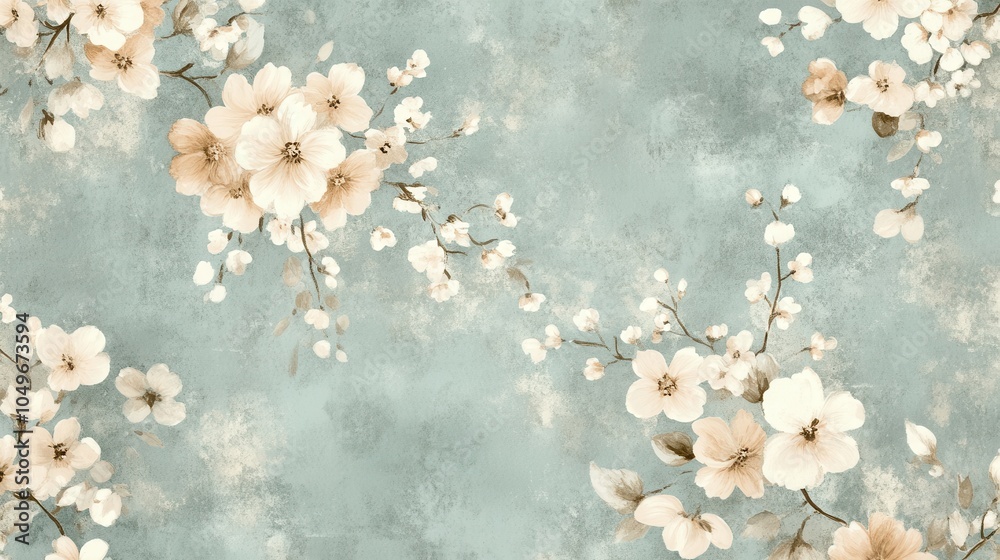 Muted floral wallpaper with small ivory and blush flowers on a pale ...