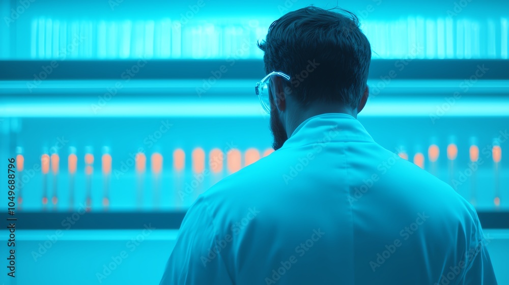 AIdriven drug screening system, glowing holograms showing chemical ...
