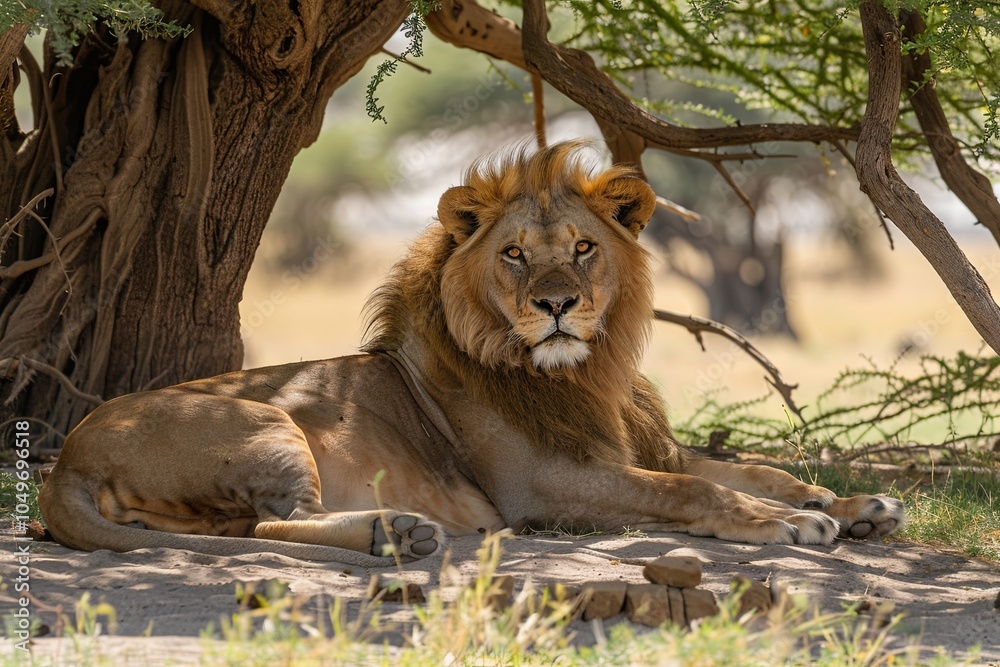 Majestic lion resting under a sprawling acacia tree in the African ...
