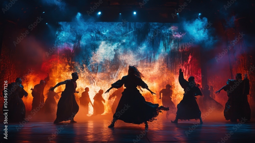 A dynamic shot of actors in costume rehearsing a dramatic scene on ...