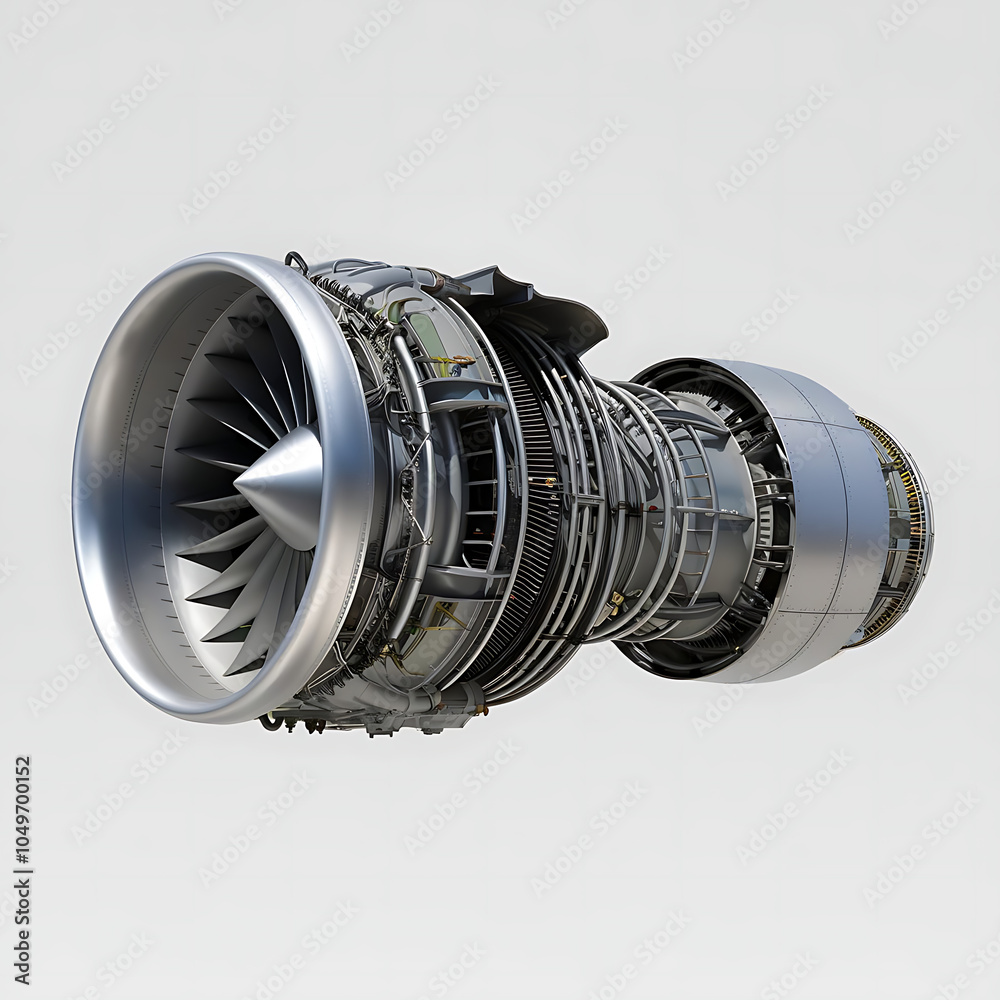 A 3D render of a jet engine for airplanes, isolated on a white ...