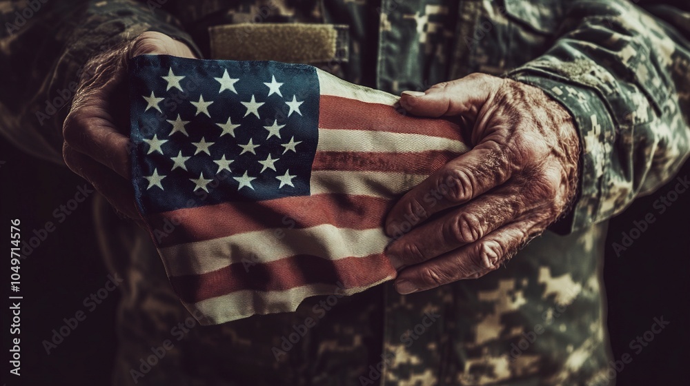 old military man holding USA American flag as a symbol of Veterans Day ...