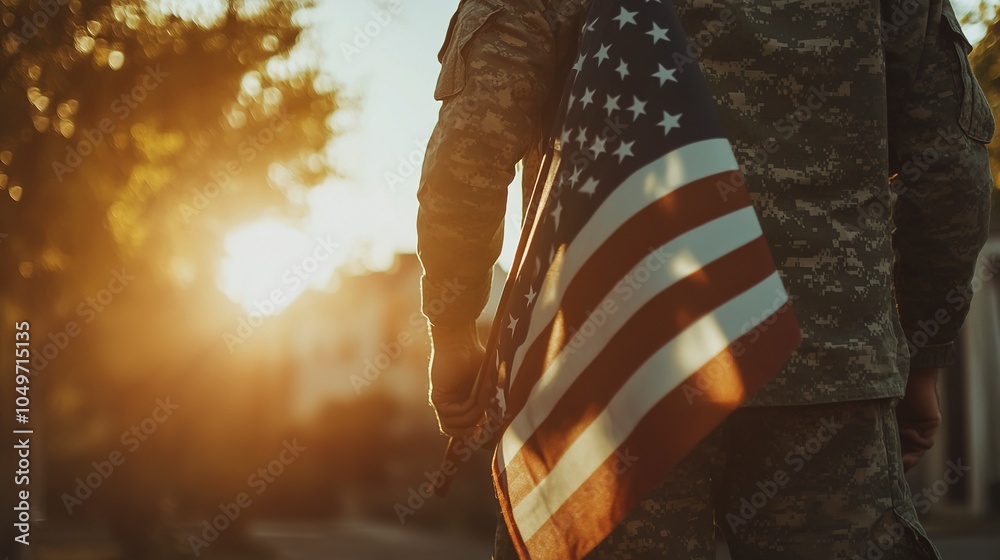 old military man holding USA American flag as a symbol of Veterans Day ...