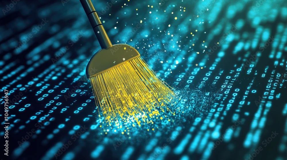 Binary code swept away by a digital broom, illustrating data cleansing ...