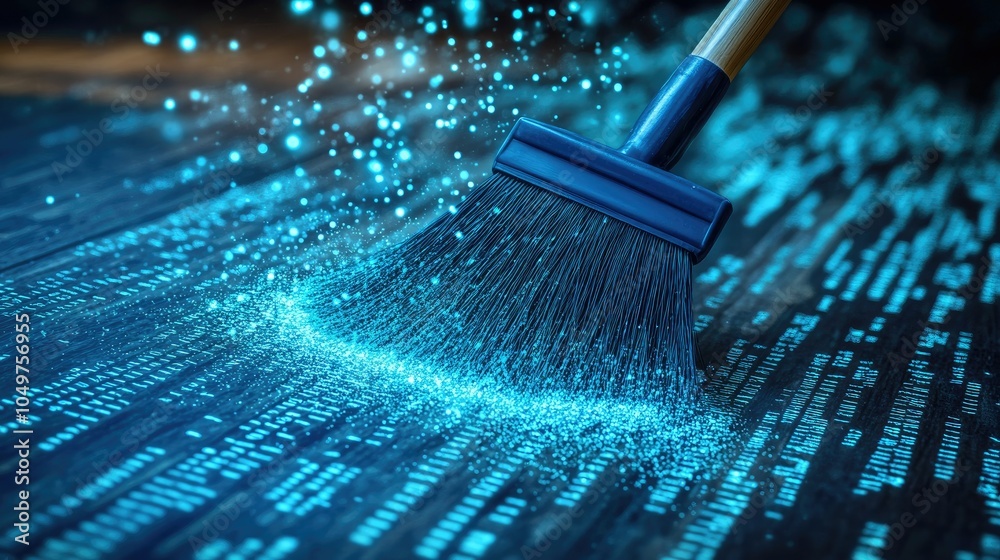 Binary code swept away by a digital broom, illustrating data cleansing ...