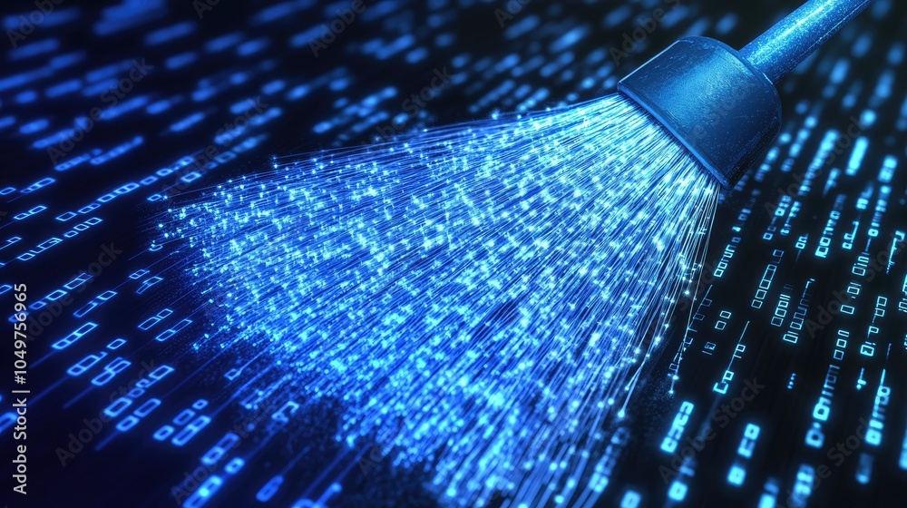 Binary code swept away by a digital broom, illustrating data cleansing ...