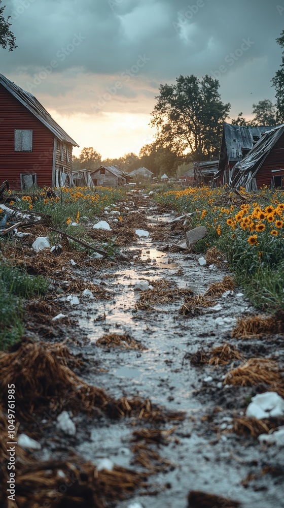 Tornado devastation at a farm, flattened barns, ruined crops, rural ...