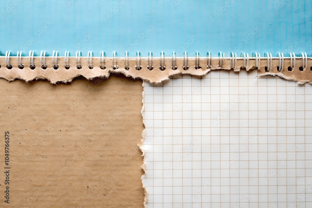Torn notebook edge background with grid and lined paper, giving a ...