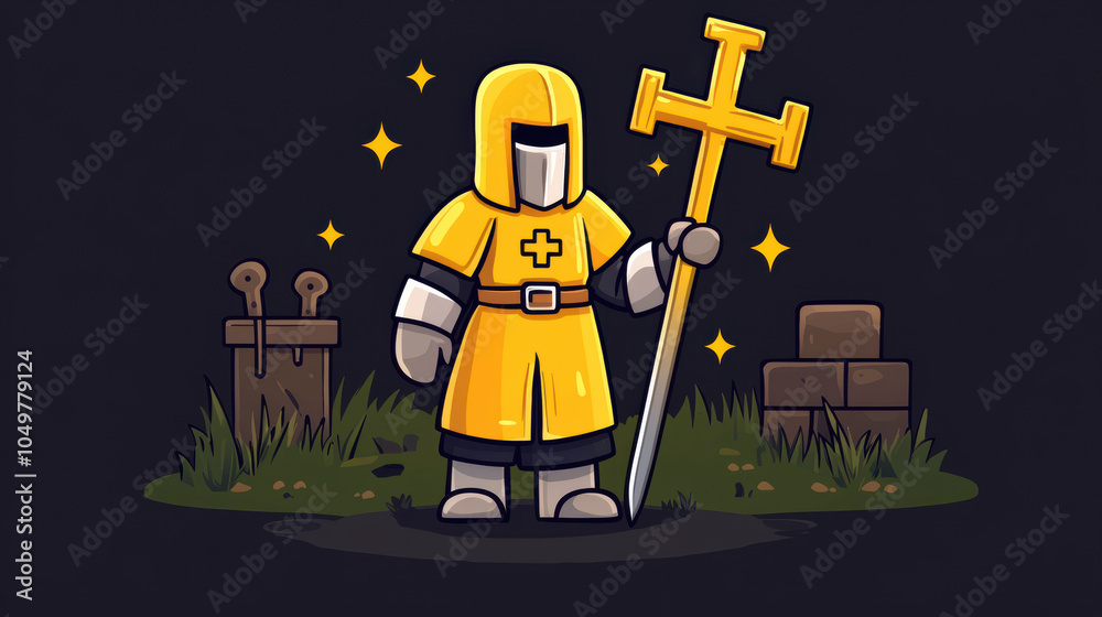 cheerful knight in bright yellow suit of armor stands confidently ...