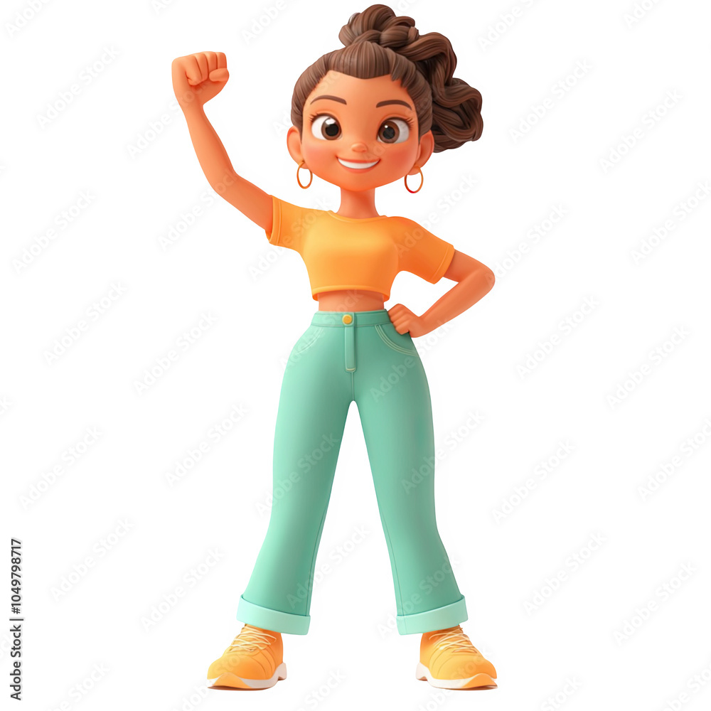 A confident girl character poses with a raised fist, exuding ...