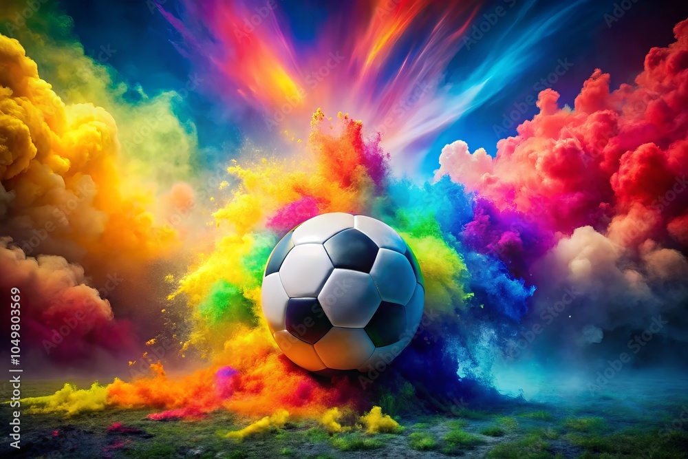 Dynamic sports imagery featuring a vibrant rainbow football surrounded ...
