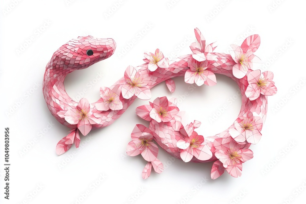 Pink cherry blossom snake wrapped around the body with geometric shapes ...