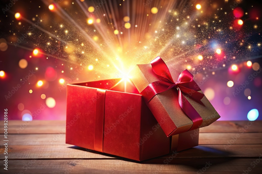 Luxurious red open gift box illuminated by magical lights, ideal for ...