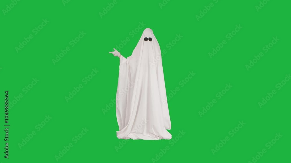 Halloween ghost in white sheet and glove pointing hand at side shows ...