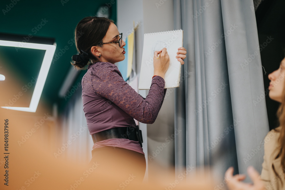 An art teacher is explaining drawing techniques to students in a ...