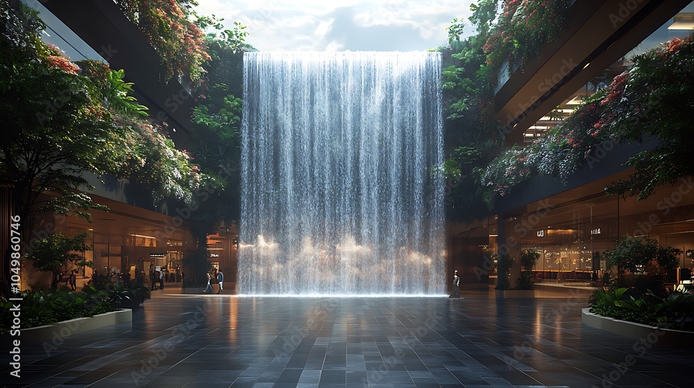 26102154 24 A digital display in a mall showing a 3D-rendered waterfall ...