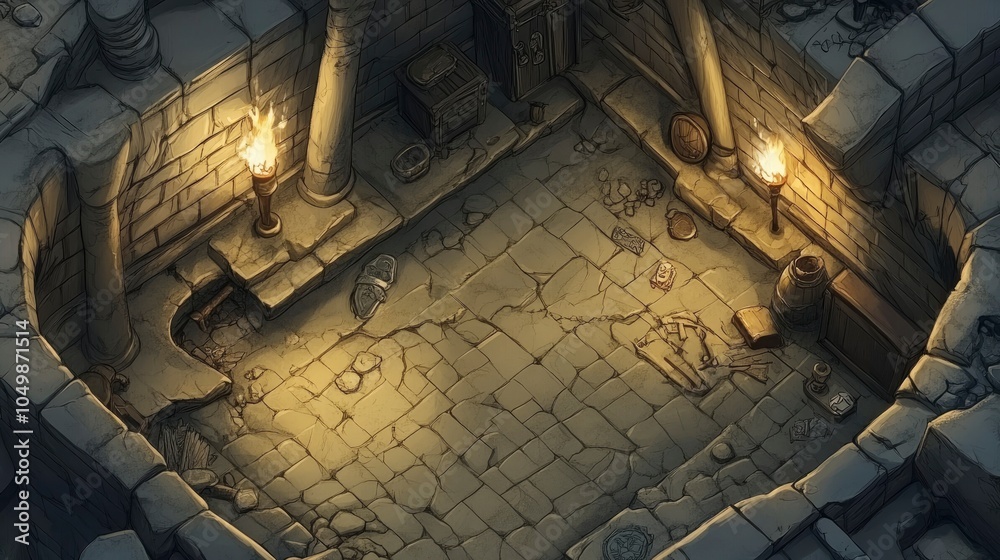 battlemap game Top down view of a stone dungeon floor with a chest, a ...