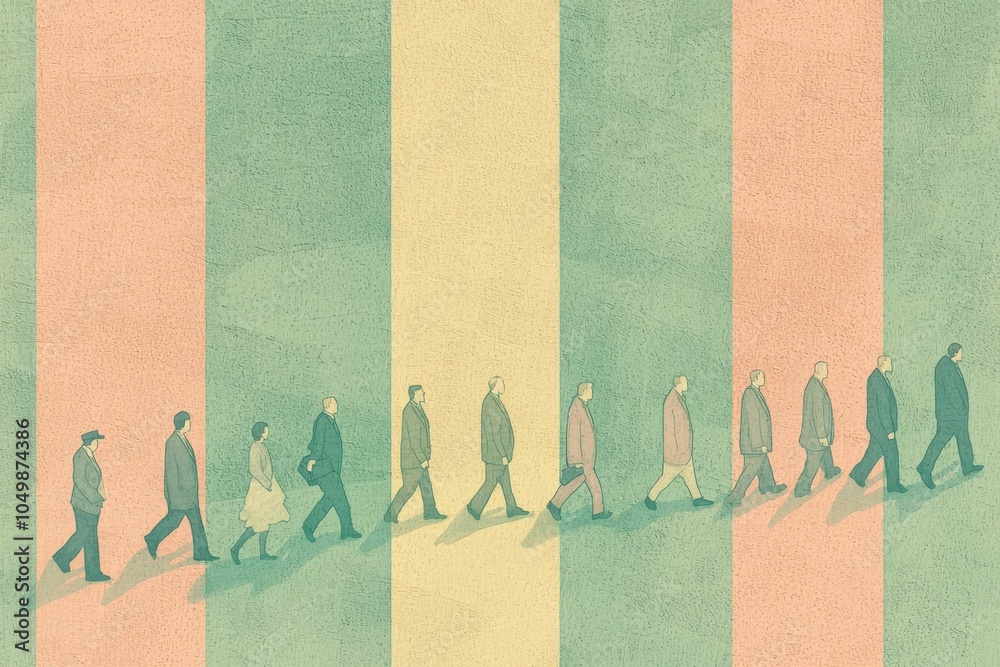 People Walking in Striped Background, Pastel Illustration. A lineup of ...