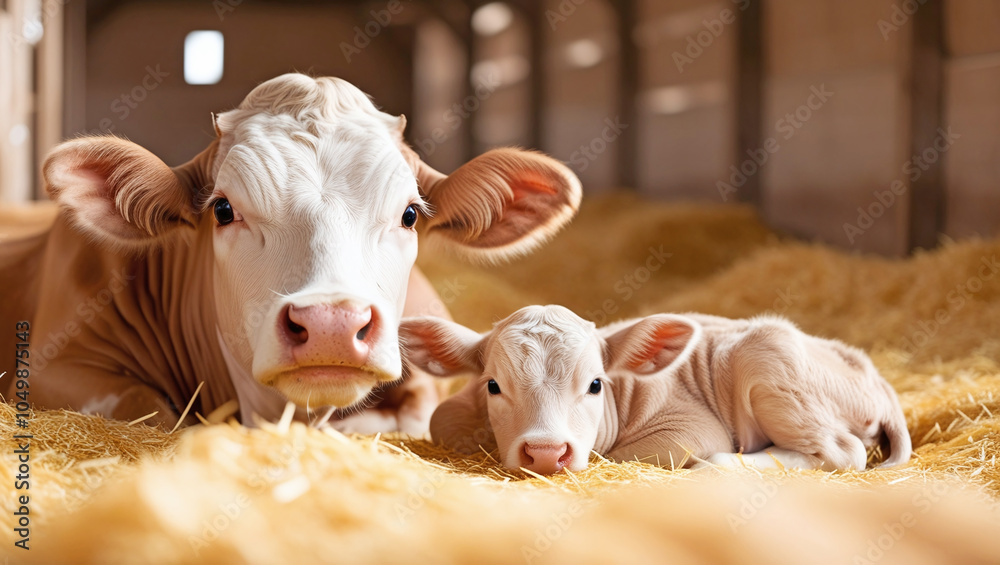 Newborn Cow and Mother Cow Lying in Farm Barn, Livestock Cattle ...