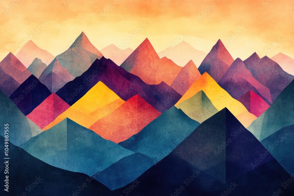 Painting of mountains with a blue and yellow mountain in the middle ...
